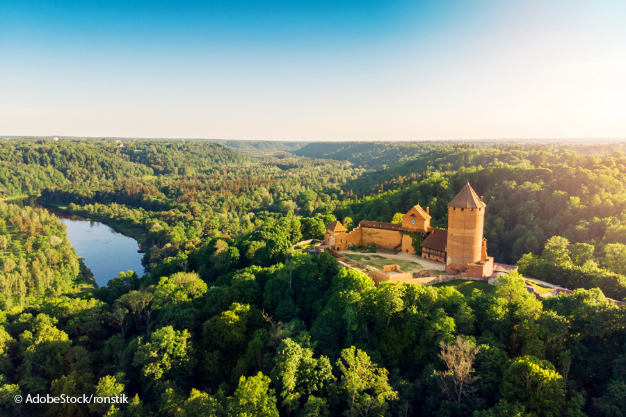 aerial view to the Turaida castle and river Gauja at sunset, Lat ...